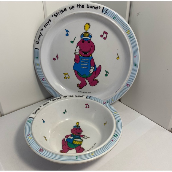 Barney | Dining | 9s Barney Plate And Bowl Set Barney Says Strike Up ...